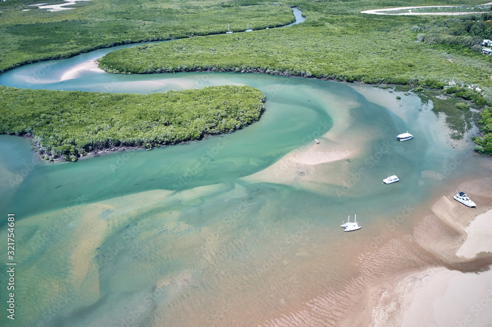 Mackay region and Whitsundays aerial drone image with blue water and ...