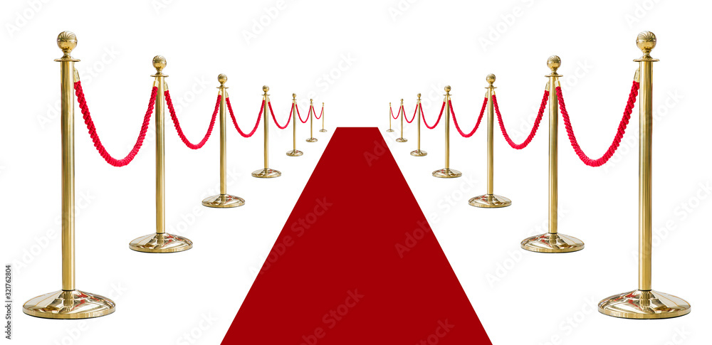 golden pole barricade with red carpet isolated on white background ...