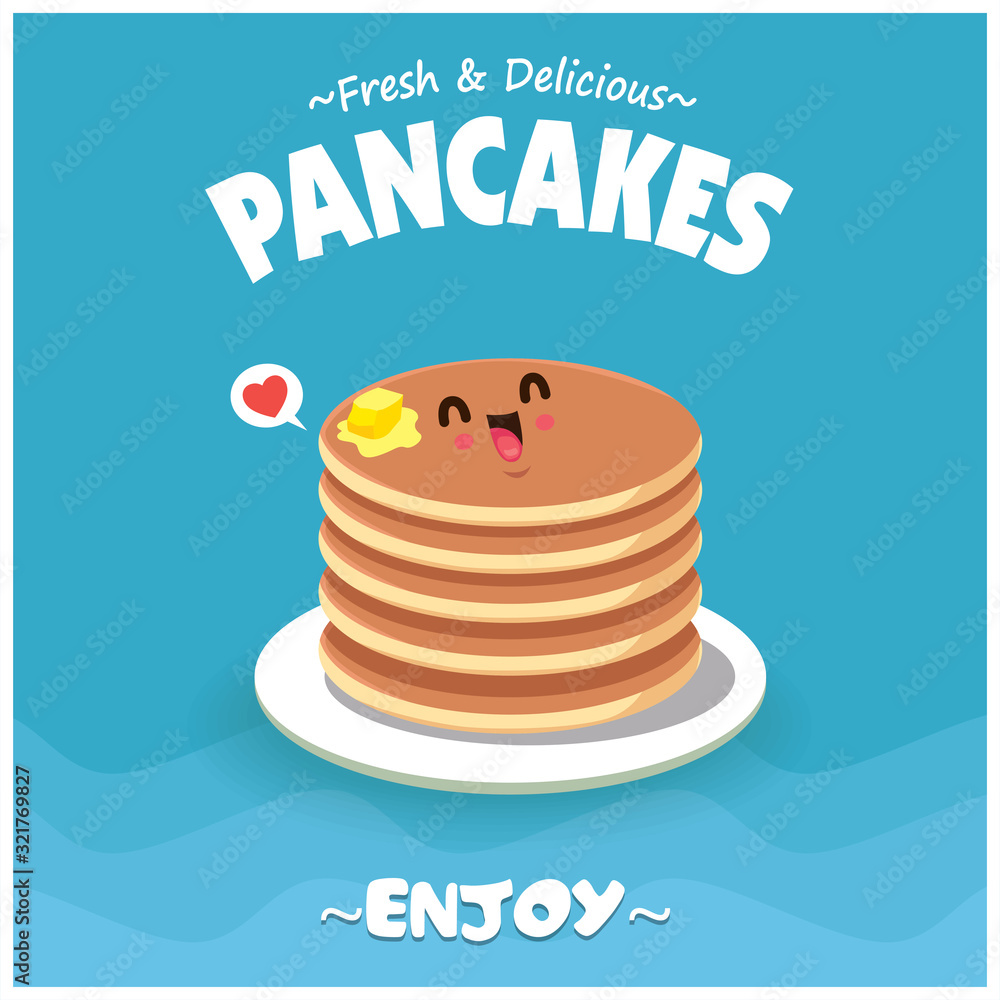 Vintage food poster design with vector pancakes character. Stock Vector ...