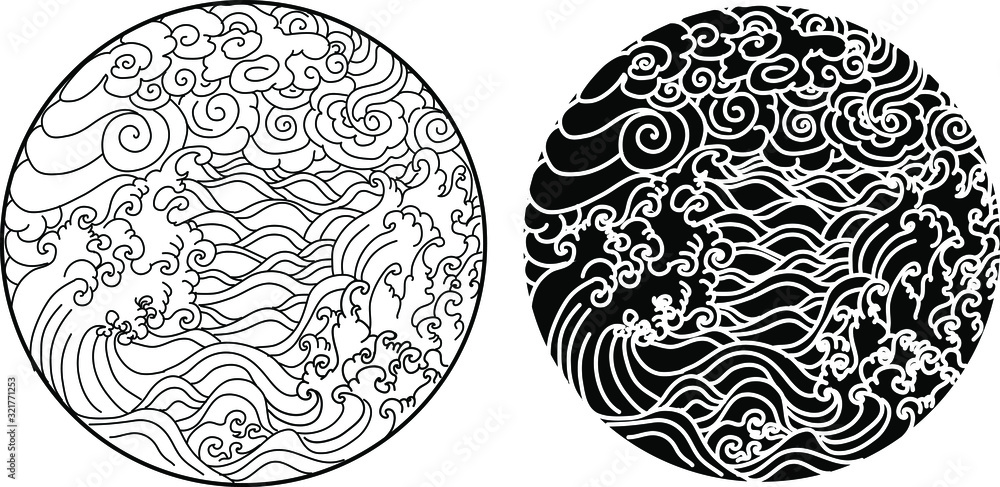 Line art and silhouette ocean wave in circle.Silhouette japanese wave ...