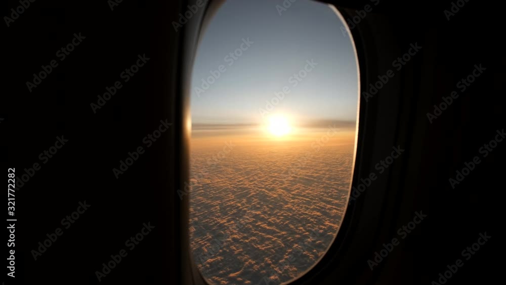 View from plane window sunshine clouds. Looking through window aircraft ...