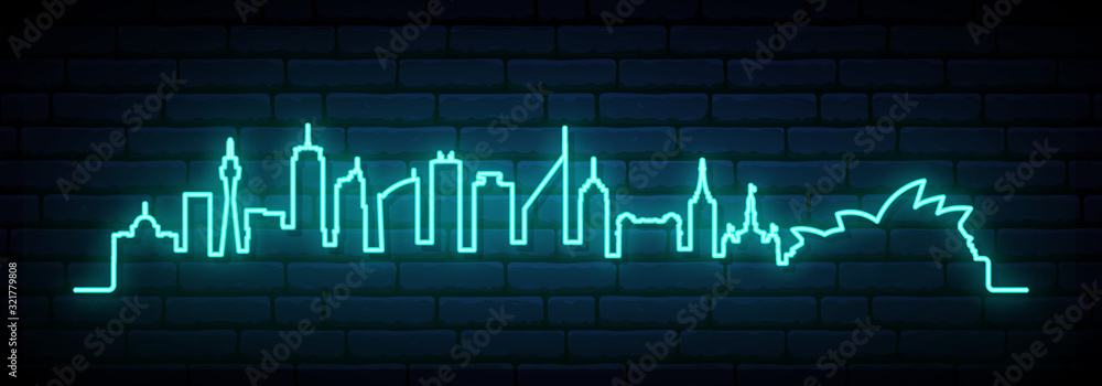 Blue neon skyline of Sydney city. Bright Dallas long banner. Vector ...