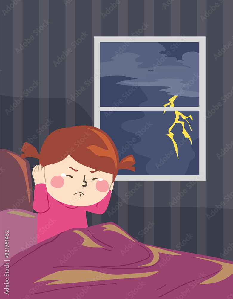 Kid Girl Fear Of Thunder Lightning Illustration Stock Vector | Adobe Stock