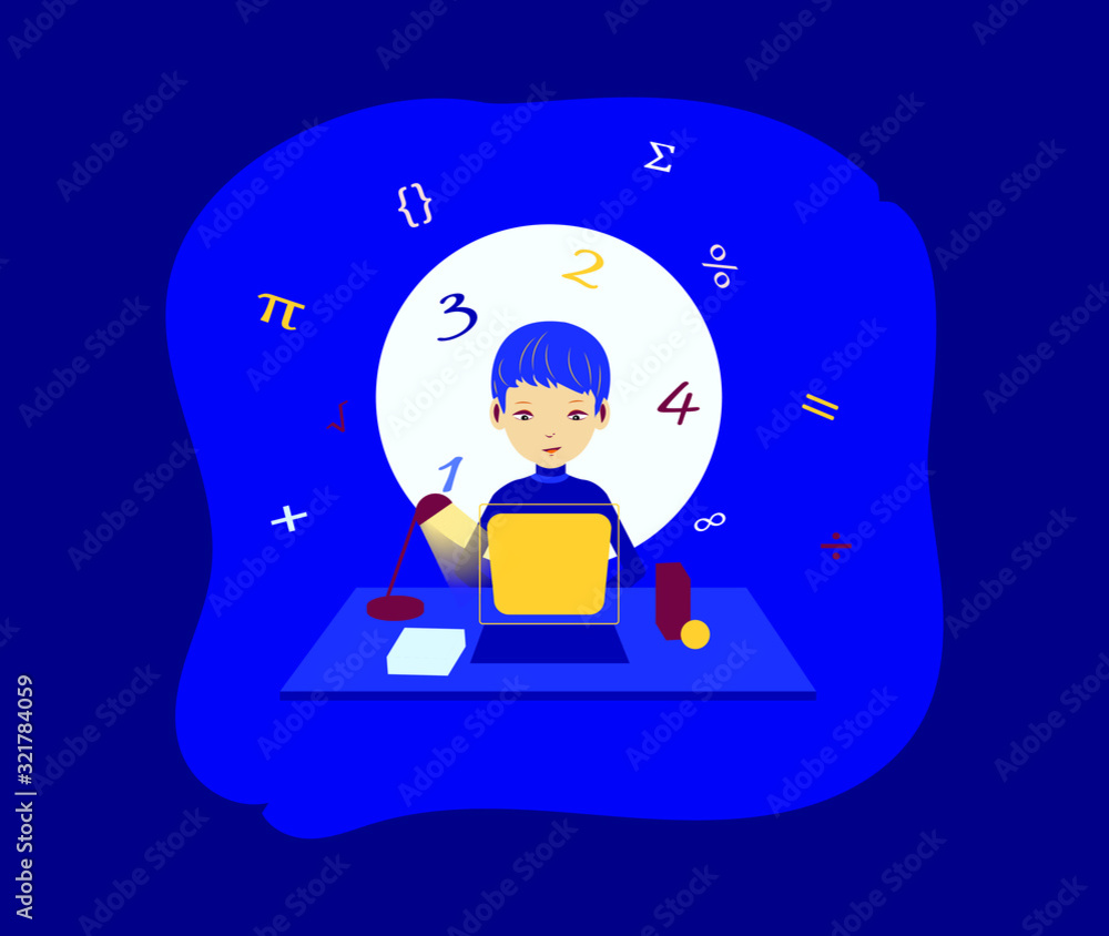 Young boy studying math, algebra, physics, on the desk with a laptop ...