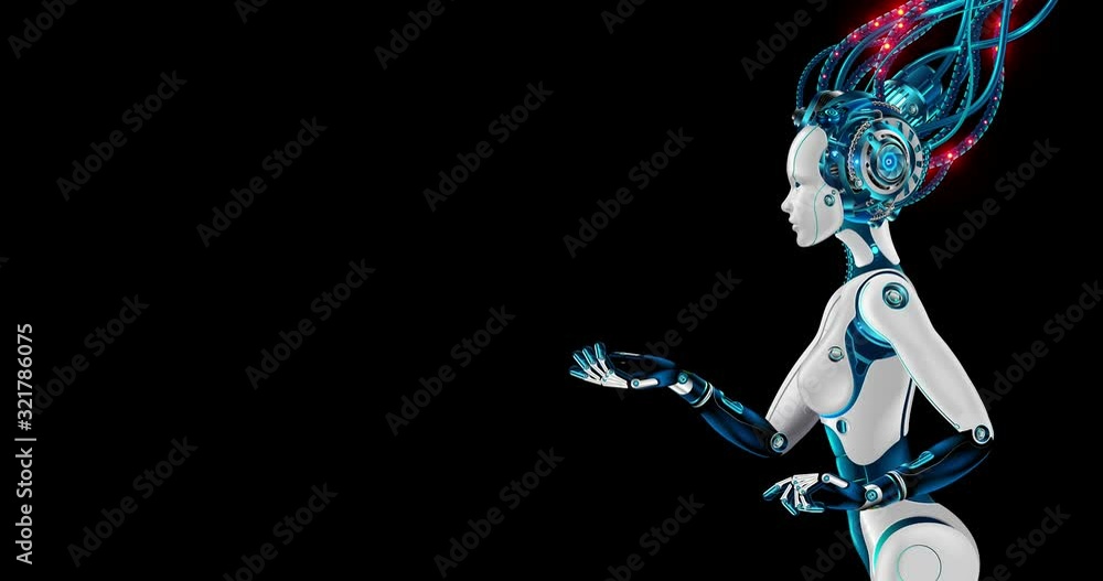 Female robot or cyborg holds out its hand. bionic mechanical woman with ...