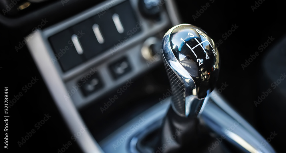 Gear lever. Manual Transmission. Hand on the gear shift in the car ...