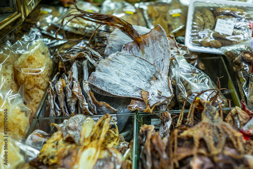 Heap of typical chinese dried fish at the Singapore night market in ...