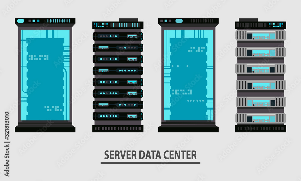 Set of various cartoon server racks, server rack room collection of ...