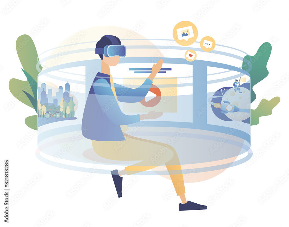 Virtual reality concept. Tiny guy using virtual reality glasses. VR ...