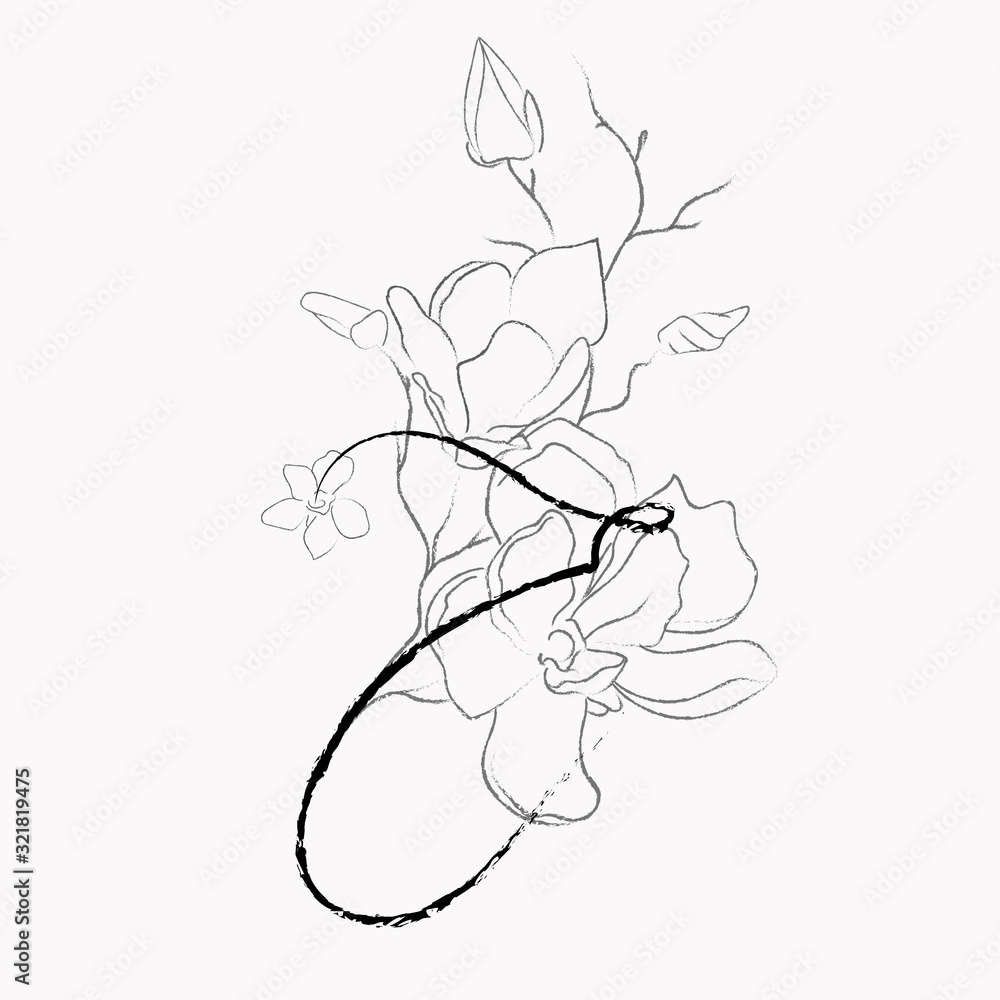 Handwritten Floral Logo Template. Line Drawing Monogram E with Magnolia ...