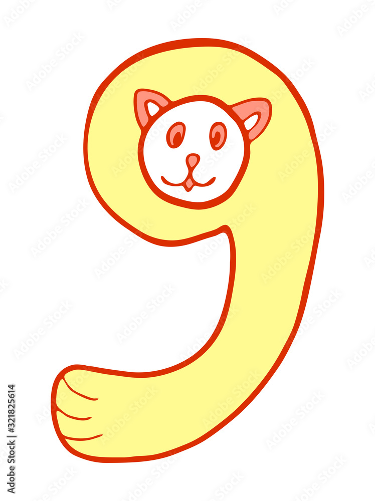 Number nine with cat in doodles style. Kids font vector Illustration on ...