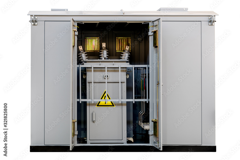 Complete transformer substation KTP, side view with open doors. White ...