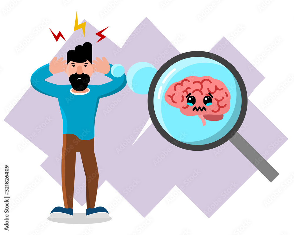 Headache cartoon vector illustration. Upset man with headache, brain ...