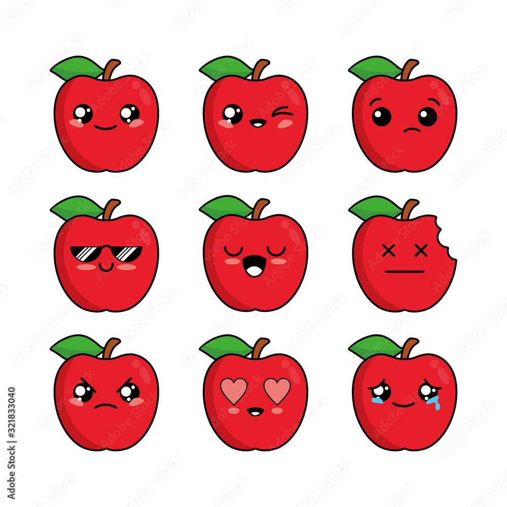 Cartoon Set of Cute Apple Character Design, Apple Icon Illustration ...