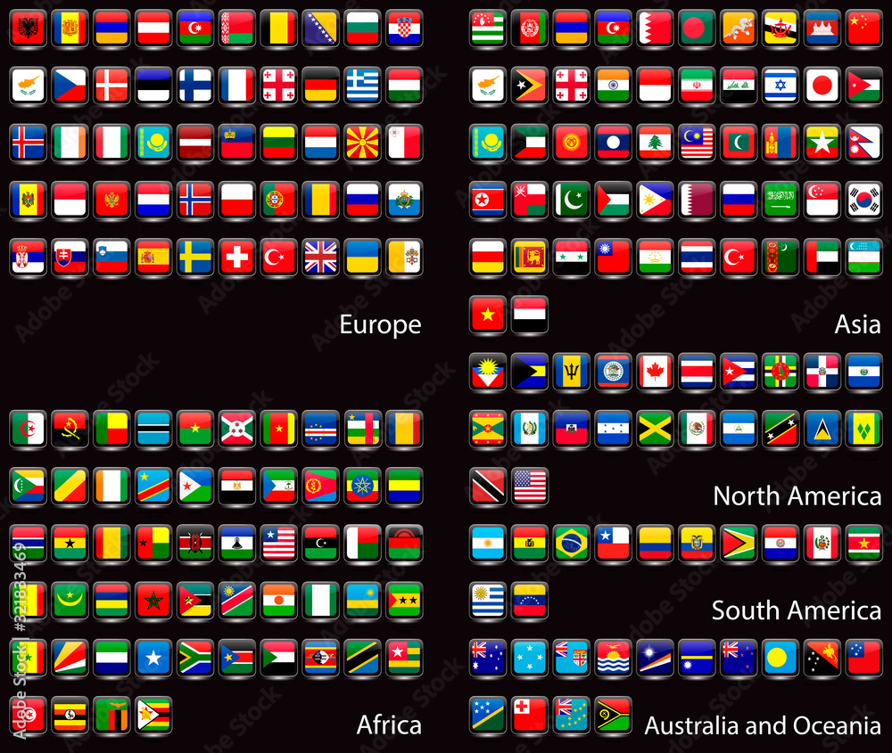 Collection of flags of countries around the world on a black background ...