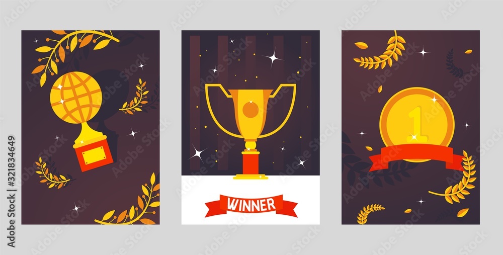 Golden trophy award, set of banners, vector illustration. Sport ...