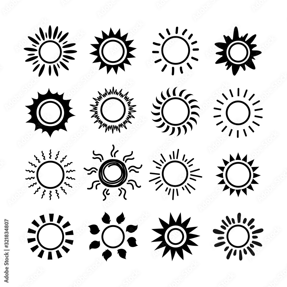 Sun symbol icon set. Summer spring sunshine rays sign. Weather bright ...