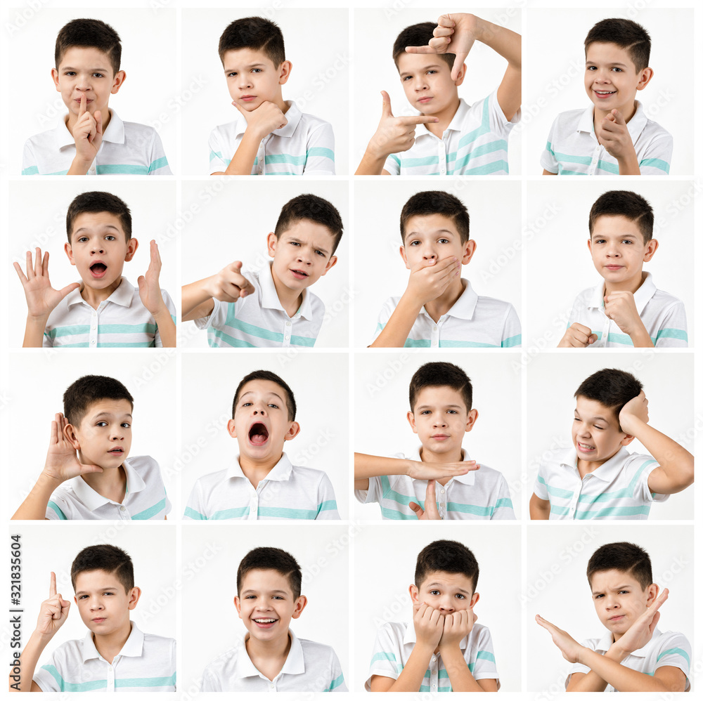 collage of portraits of little boy with different happy, sad and angry ...
