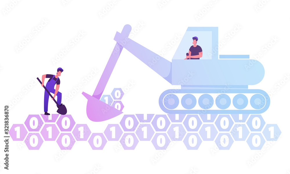 Couple of Workers with Spade and Excavator Digging Hole in Ground made ...