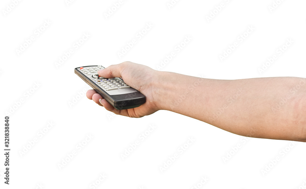 Hand holding television remote control, isolated on white background ...
