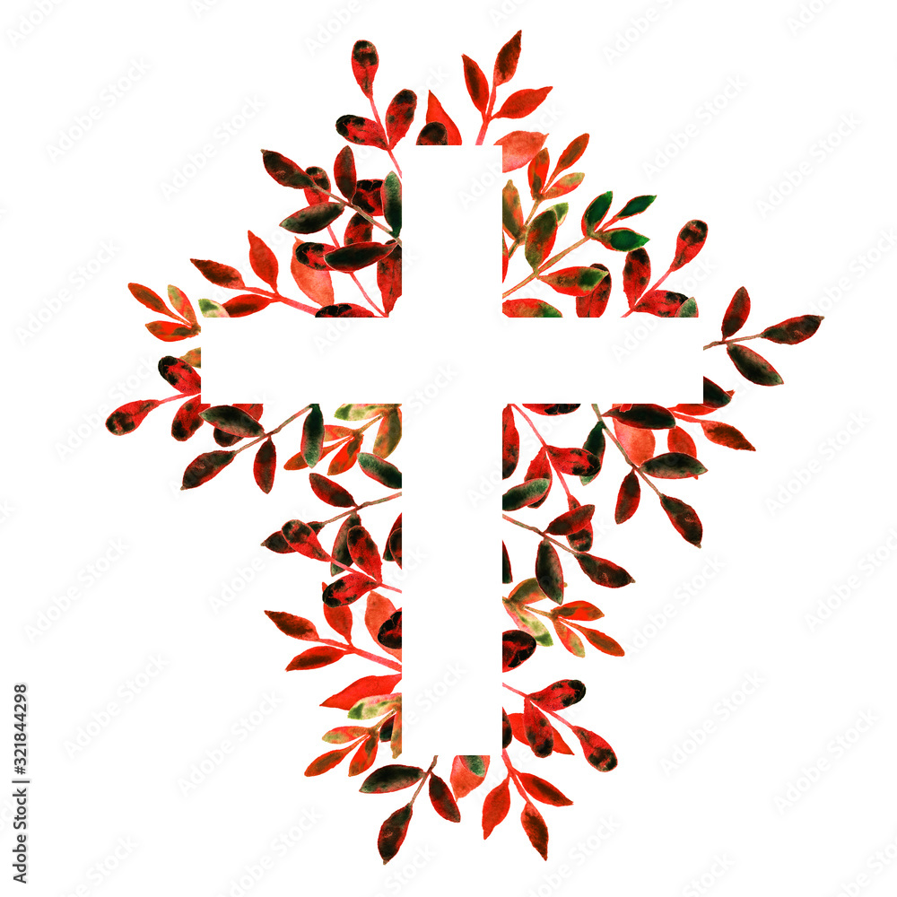 Red and black hand drawn floral watercolor Cross on white background ...