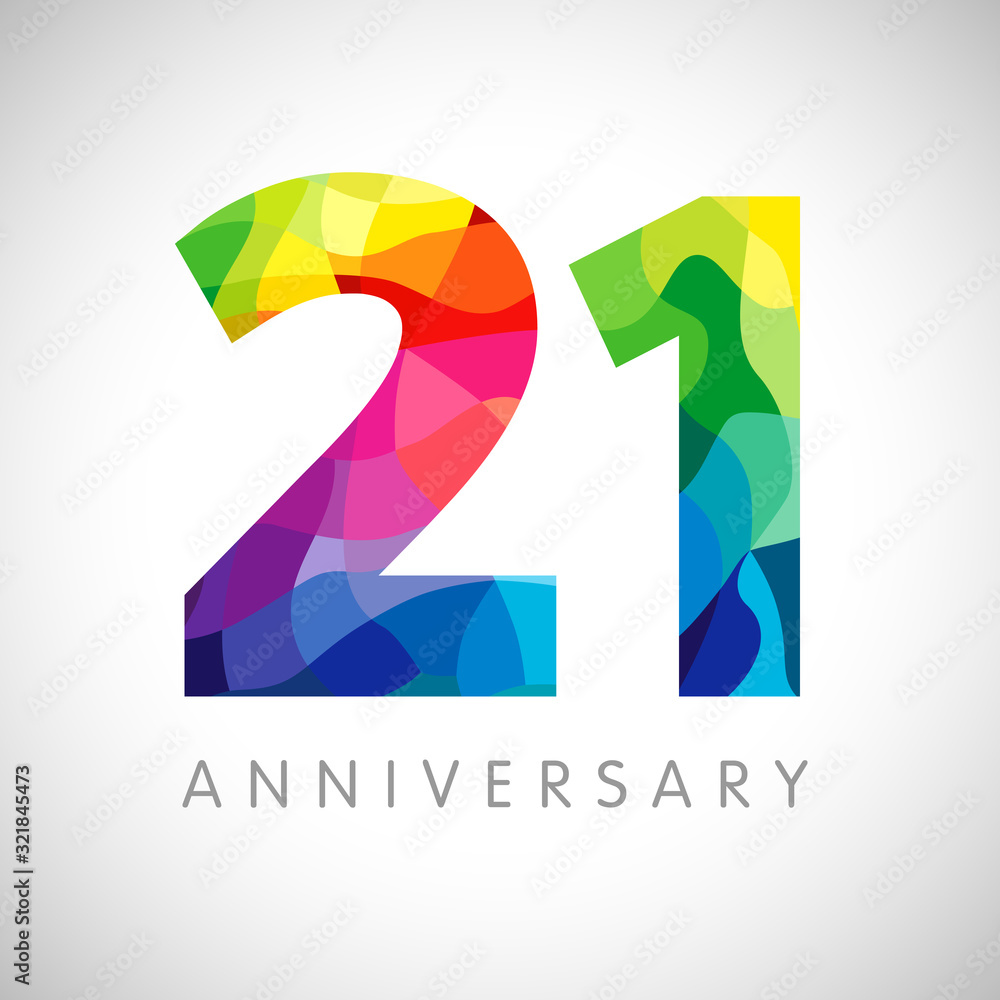 21 st anniversary numbers. 21 years old logotype. Bright congrats ...