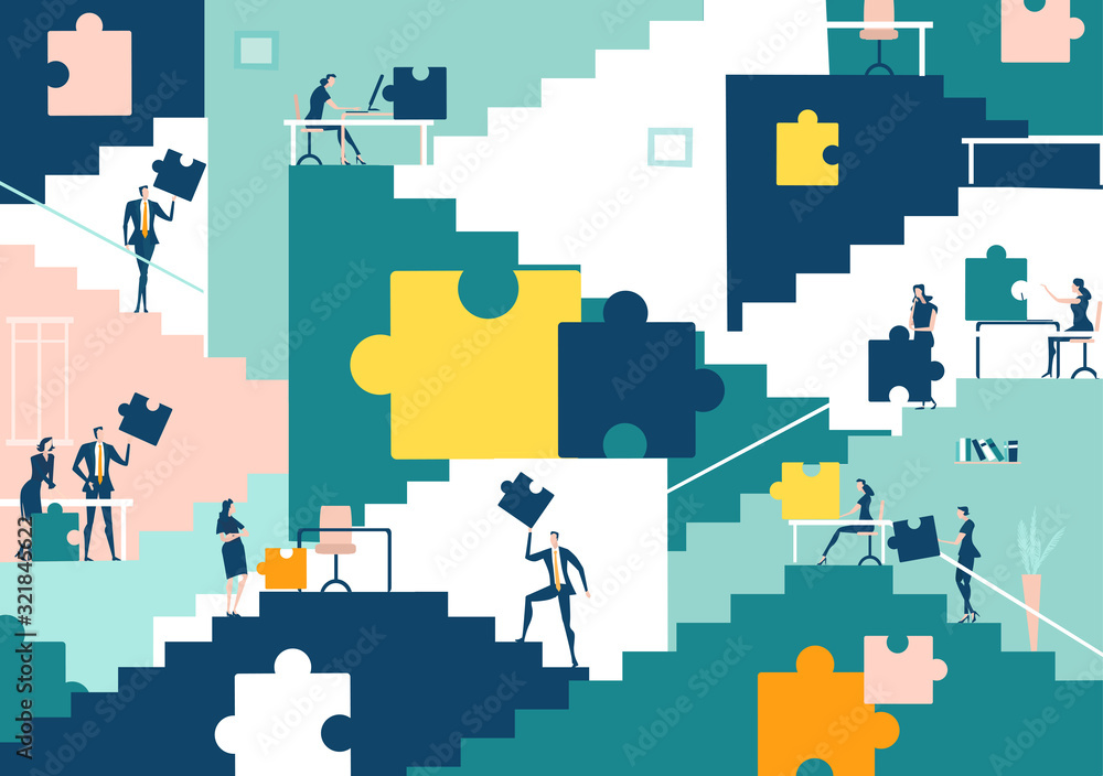 Lots of business people working in open space office around the puzzle ...