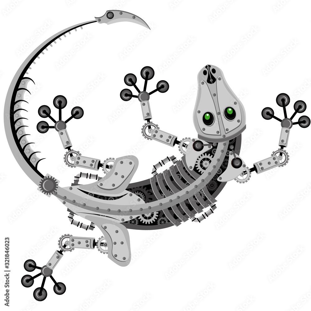 Vector lizard robot. Mechanical reptile on a white isolated background ...