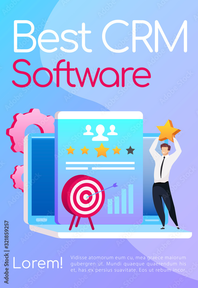 Best CRM software poster flat vector template. Businessman keeps star ...