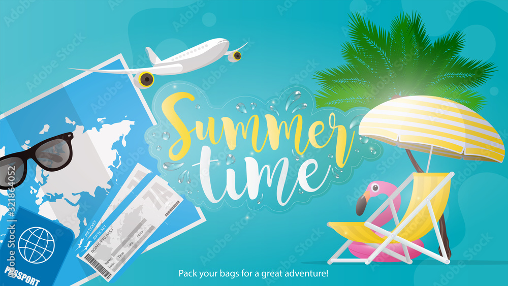 Summer time. The banner is blue. World map, sun glasses, airplane ...