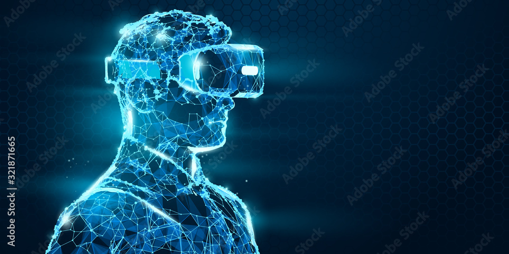 VR headset holographic low poly wireframe vector banner. Polygonal man ...