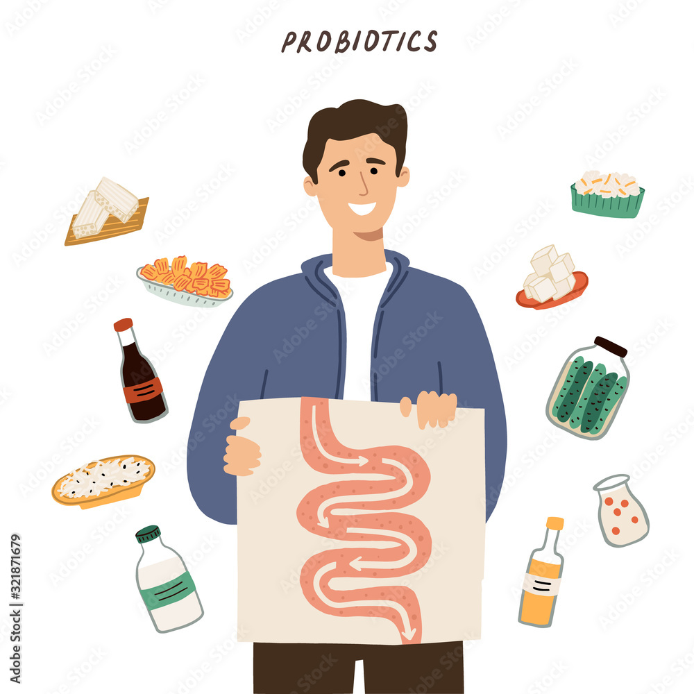 Probiotics food concept. Man prefers food that contains good bacteria ...