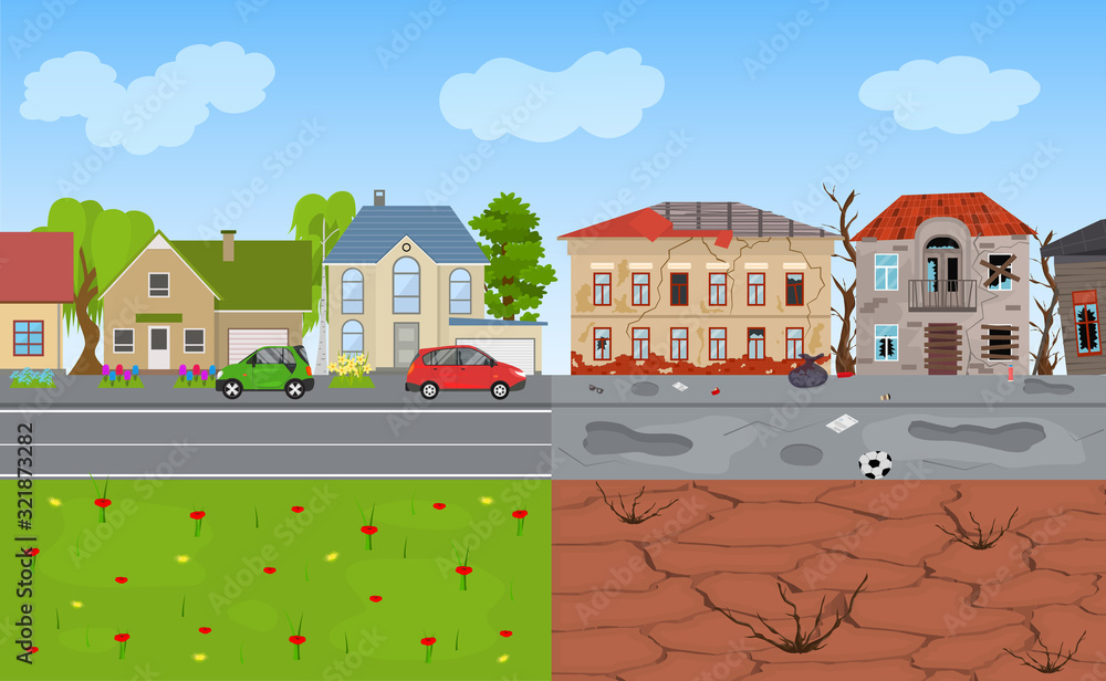 Cartoon Color Rich and Poor City Landscape Background Scene. Vector ...