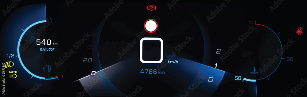 Illustration of digital instrument cluster with speedometer in center ...