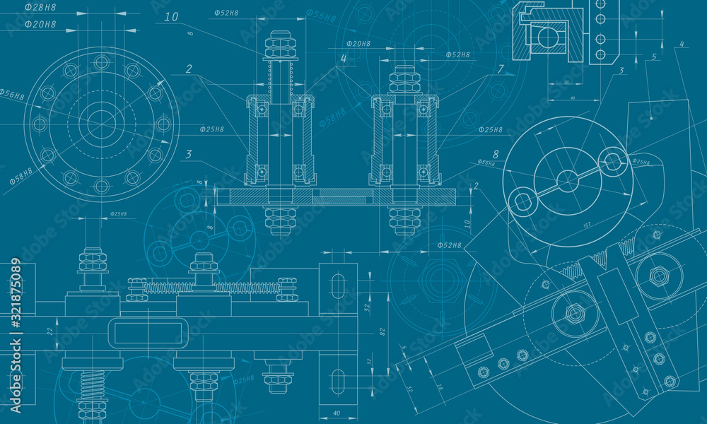 Mechanical engineering drawing on blue background. Sectioning objects ...