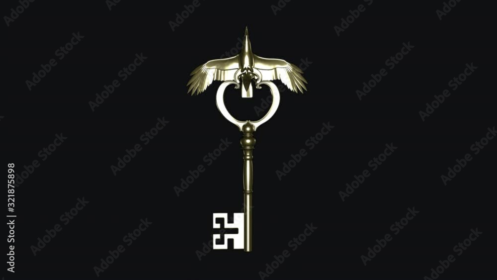 Spinning Magic Skeleton Key (I) of gold metal with mysterious bird ...