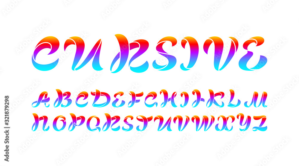 Colorful curvy font, handwritten script alphabet, calligraphy cursive ...