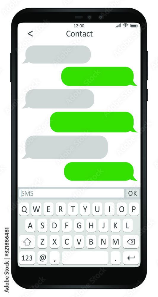 Vetor de Mobile phone mockup sms application vector template, screen ...