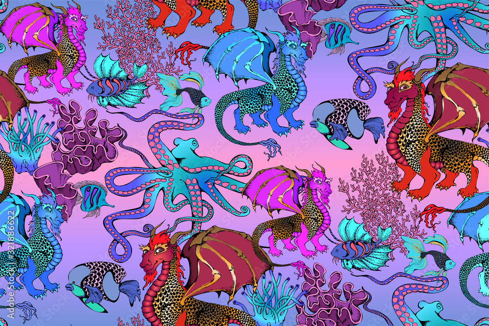 Seamless pattern. Dragon and nautical theme - fish, octopuses, ancient ...