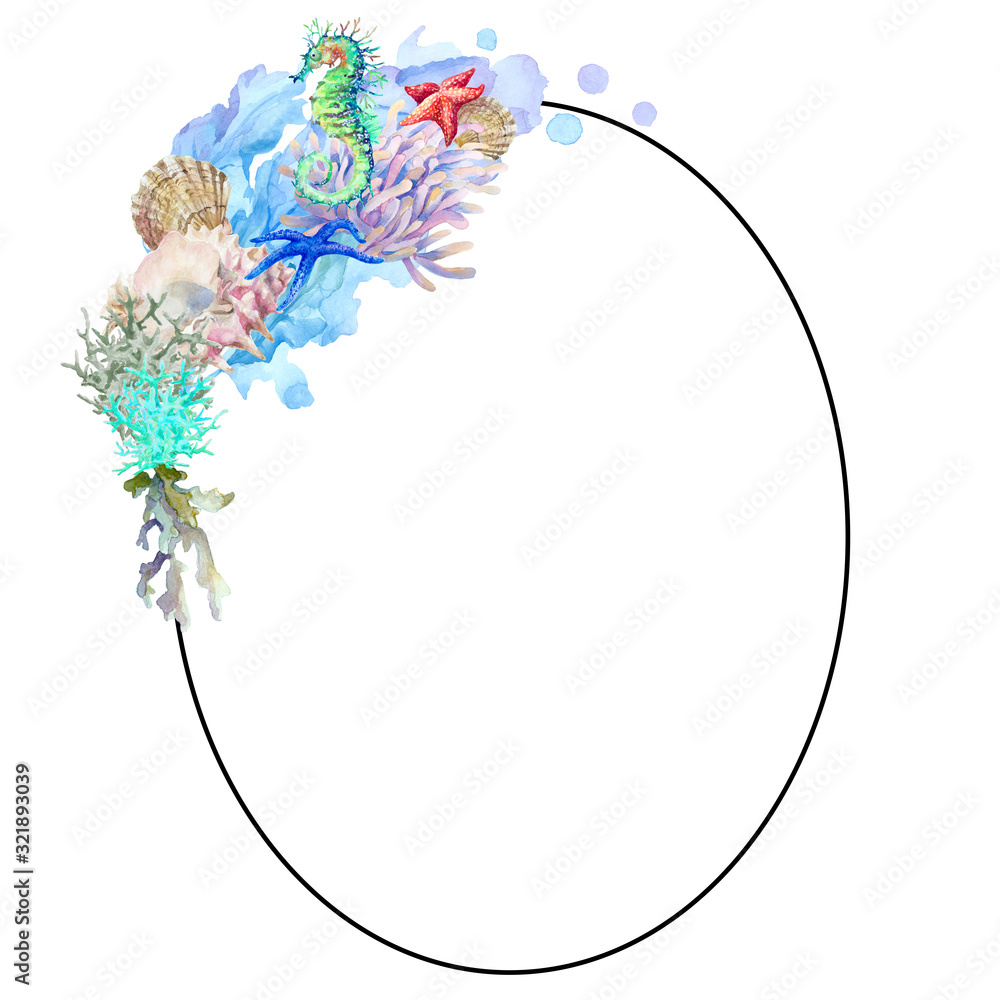 Oval frame of underwater reef elements, coral, starfish, seaweed ...