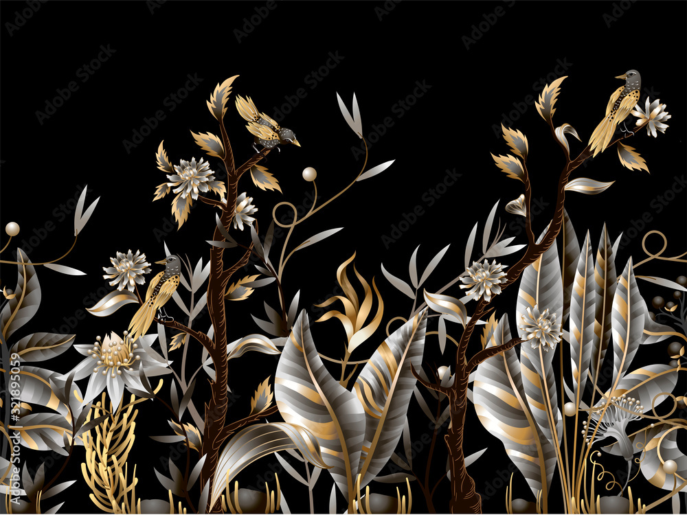 Seamless border with golden and metallic leaves, flowers and birds ...