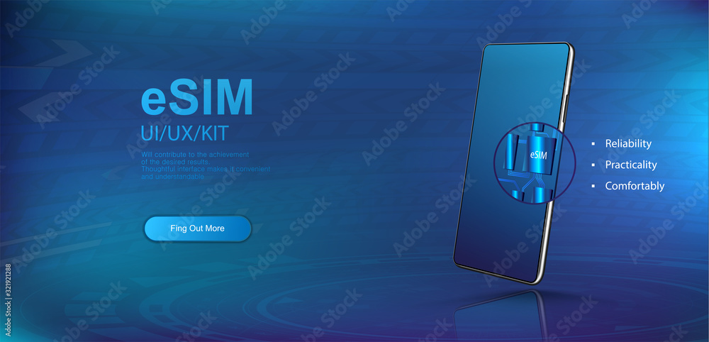 eSIM chip-card. Embedded SIM concept. Smartphone hanging in the air ...