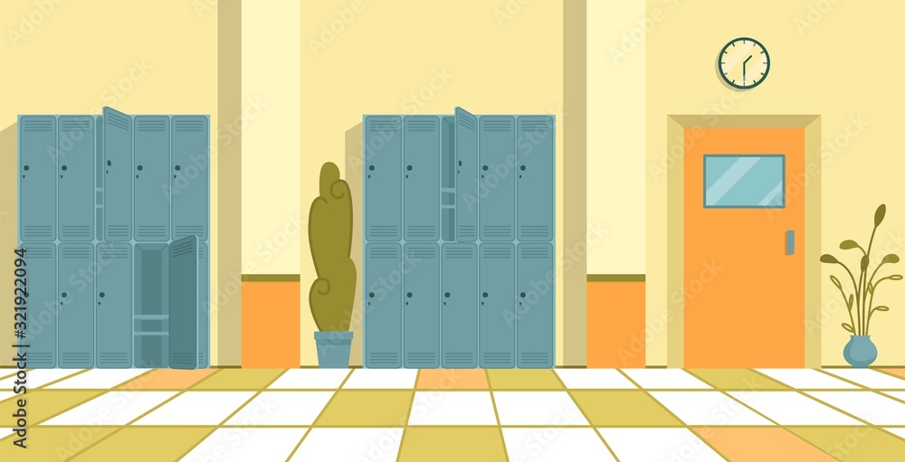 Blue Metal Lockers in Empty High School Corridor Stock Vector | Adobe Stock