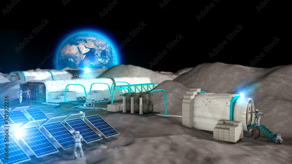 Lunar base, spatial outpost. First settlement on the moon. Space ...