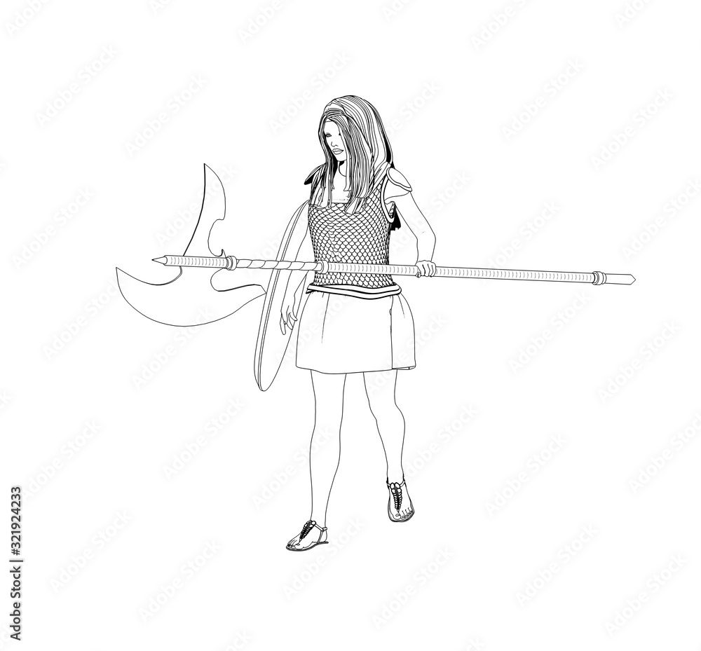 warrior woman character, 3D illustration, sketch, outline Stock ...