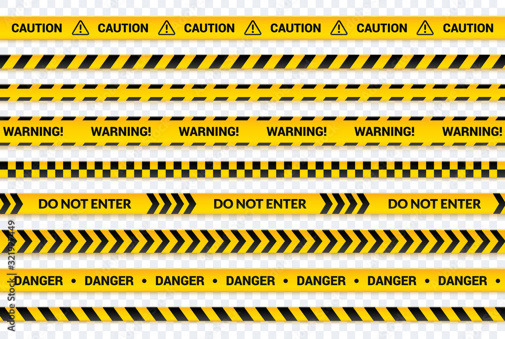Caution tape set, yellow warning lines, danger symbol, arrows, yellow ...