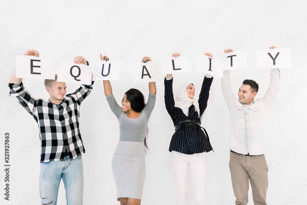 Stop racism and races gender discrimination concept. Four young diverse ...