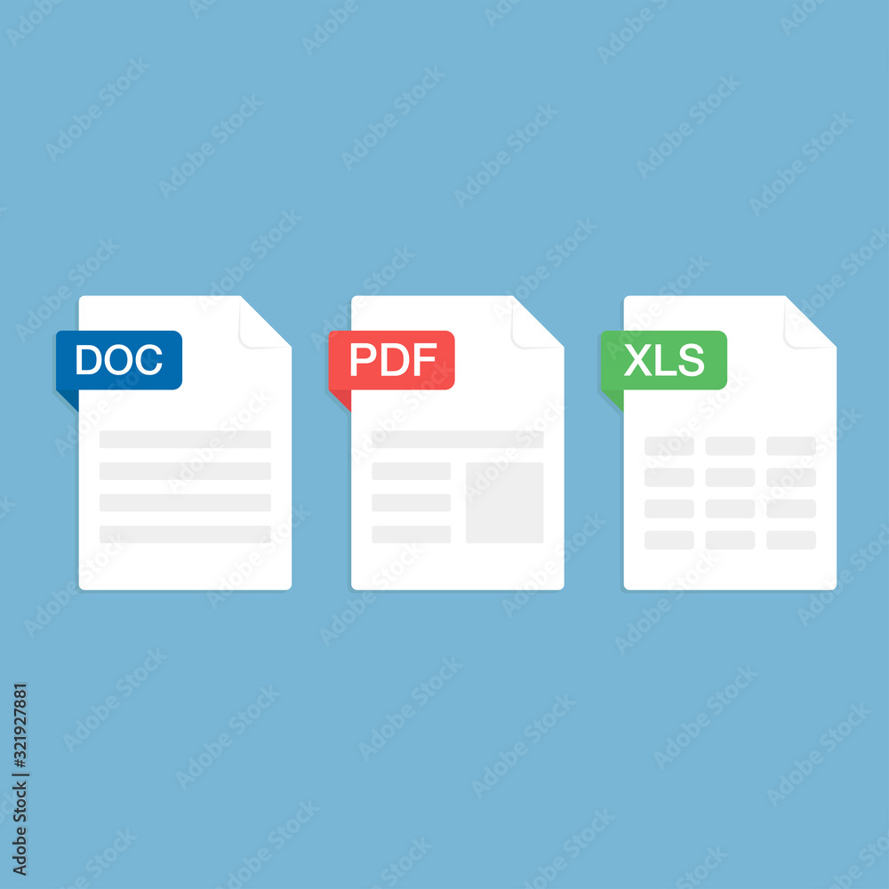 Set of Document File Formats and Labels icons. DOC, PDF, XLS ...
