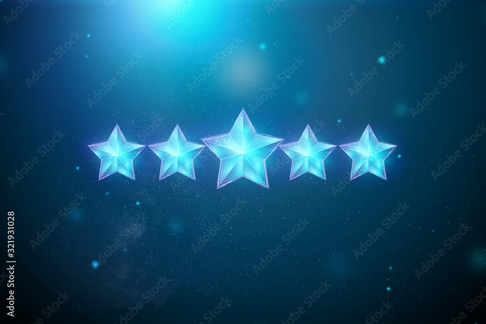 5 blue stars on a blue background, assignment of a new rating, service ...