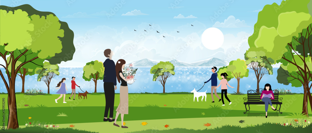 Vector landscape of Spring park by the sea with happy family having fun ...